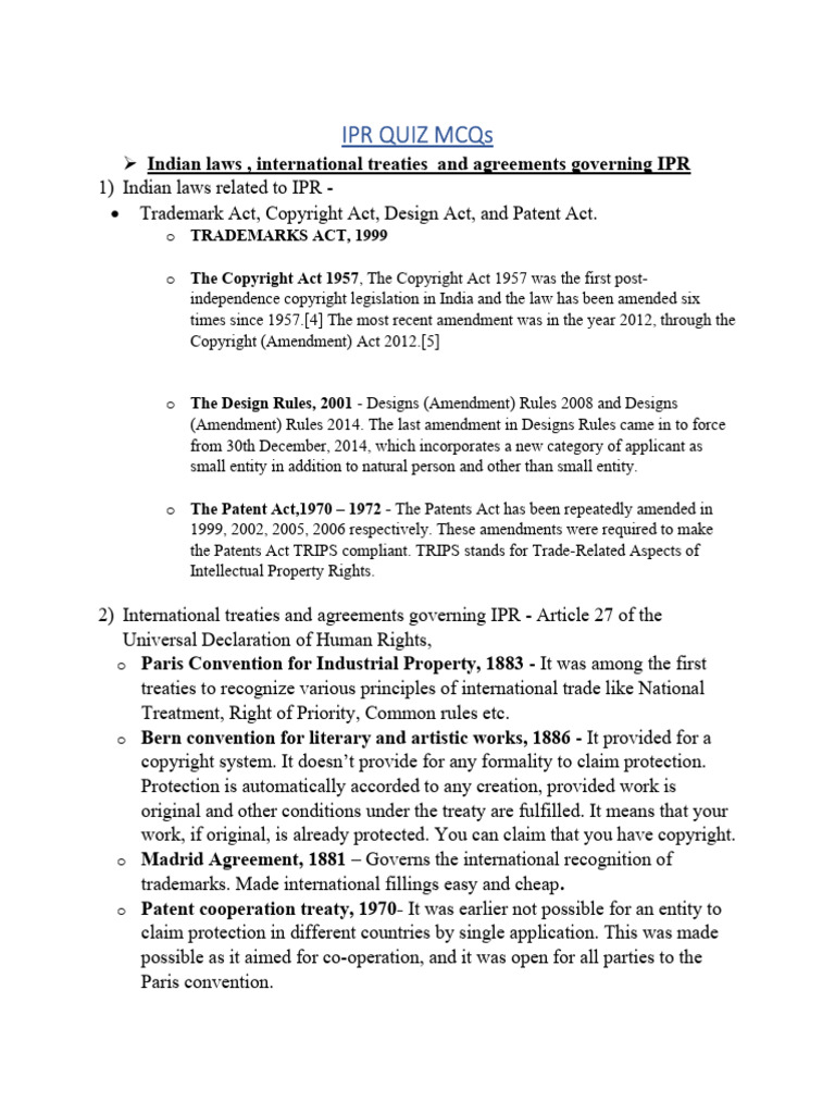 IPR Laws & Treaties Quiz | PDF | Intellectual Property | Trips Agreement