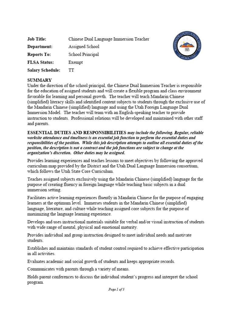 Dual Language Immersion Teacher - Chinese | PDF | Teachers | Learning