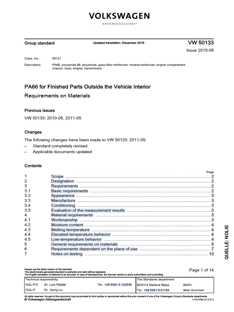 VW 50133 - EN 08-2015 PA66 Finished Parts | PDF | Volkswagen | Temperature