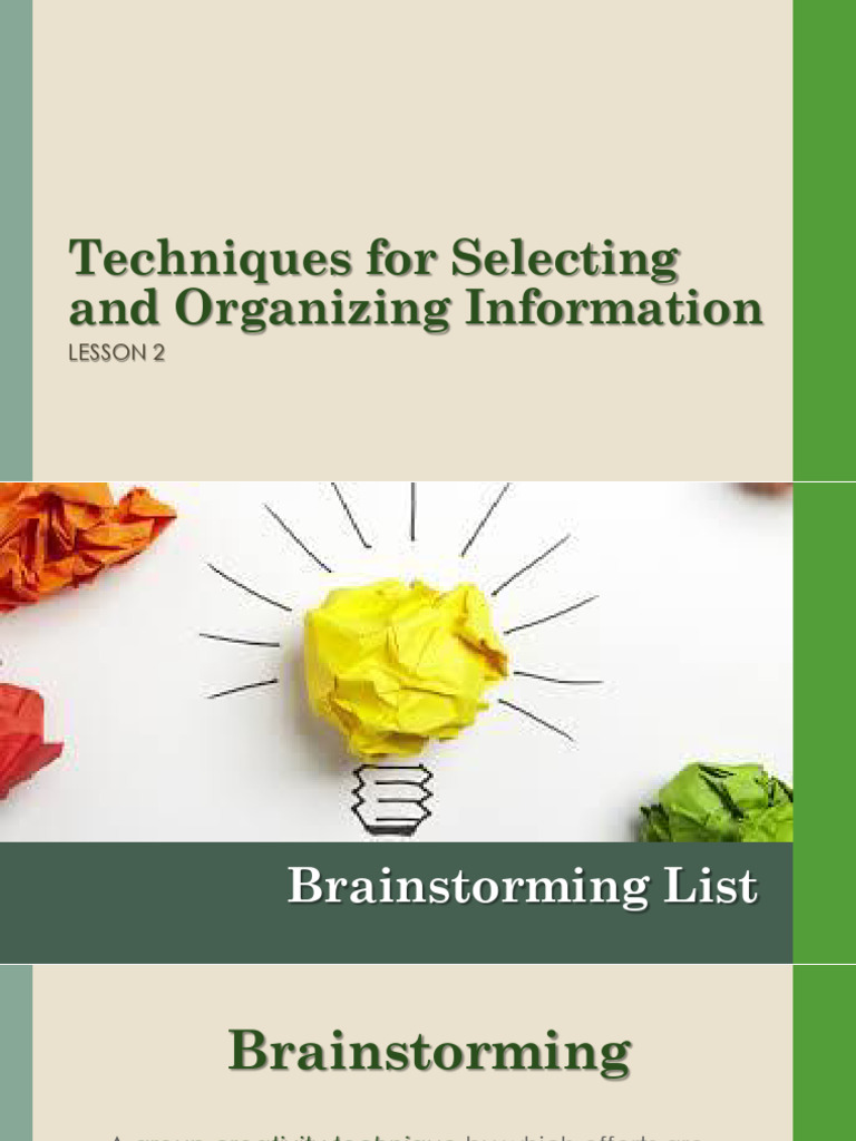 Lesson 2. Techniques in Selecting and Organizing Information | PDF | Brainstorming | Cognition