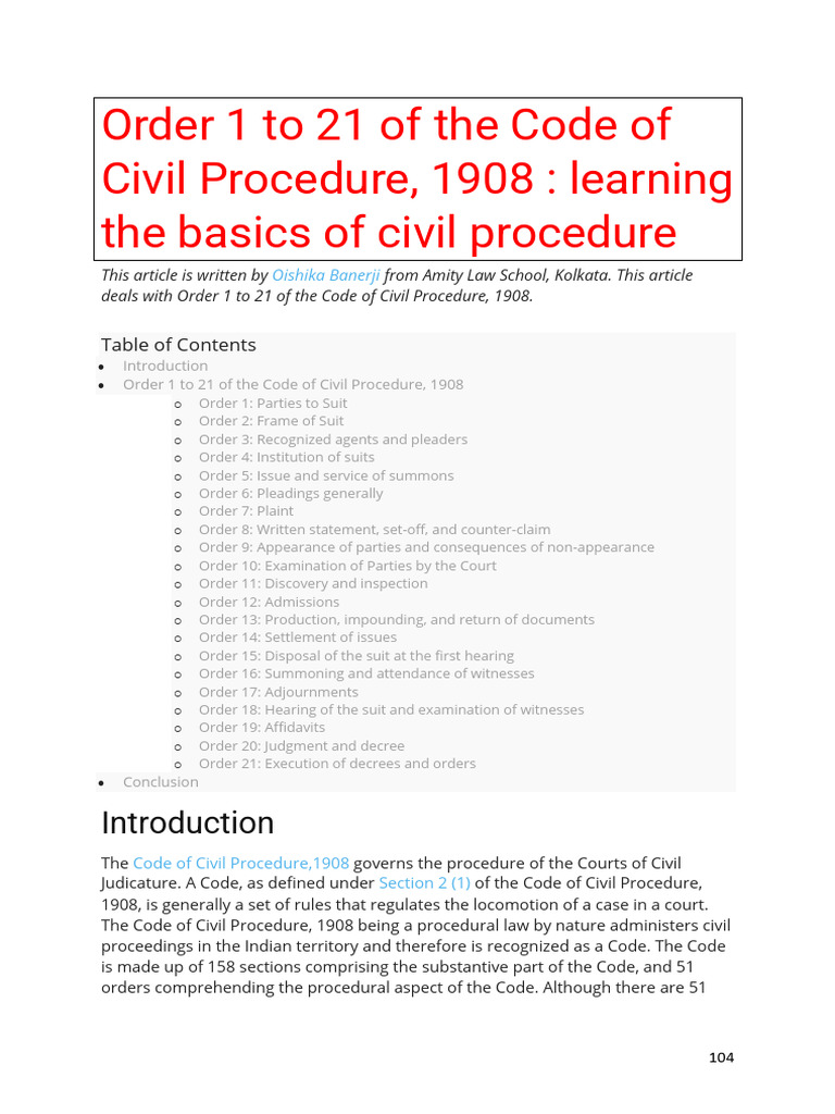 Order 1 To 21 of The Code of Civil Procedure | PDF | Lawsuit | Summons