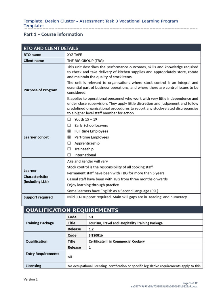 Design Cluster Assessment Task 3 Vocational Learning Program Design Cluster SITH | PDF ...