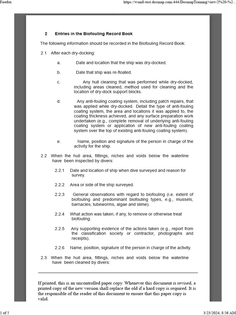 2 - Entries in The Biofouling Record Book | PDF