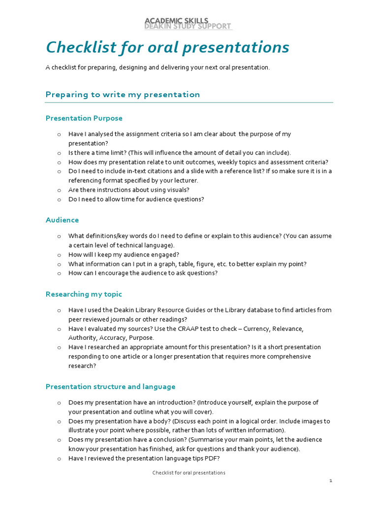 Checklist For Oral Presentation Deakin Study Support | PDF | Communication | Cognition