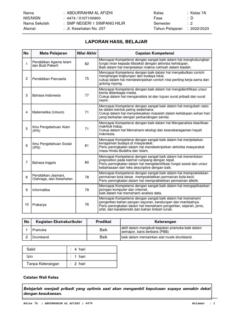 Contoh Rapor KM Rapor - Kelas7A - RAPOR KLS Kelas7A | PDF