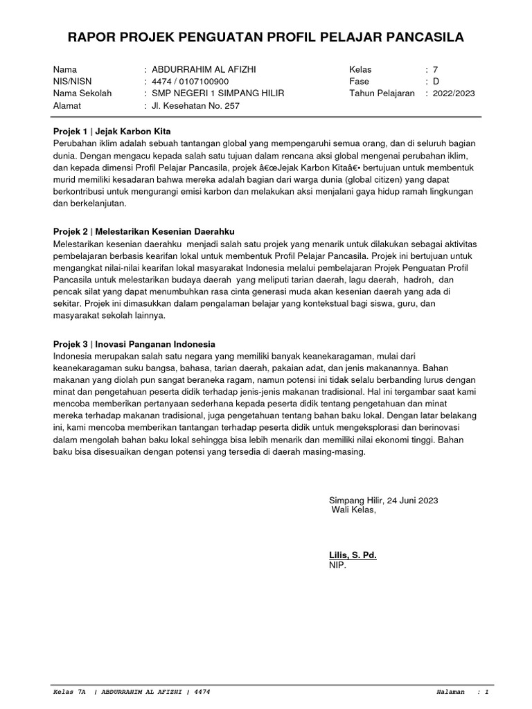 Contoh Rapor KM RAPOR P5BK KLS Kelas7A | PDF | Karier & Perkembangan | Seni