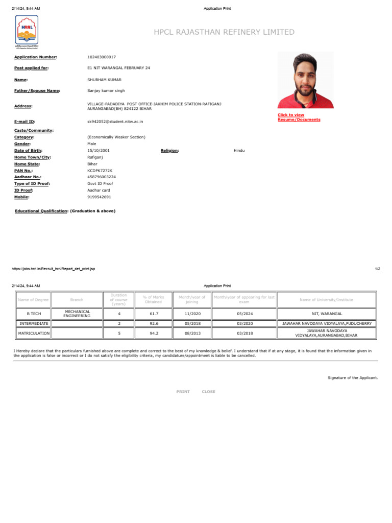 Application Print of HRRL | PDF