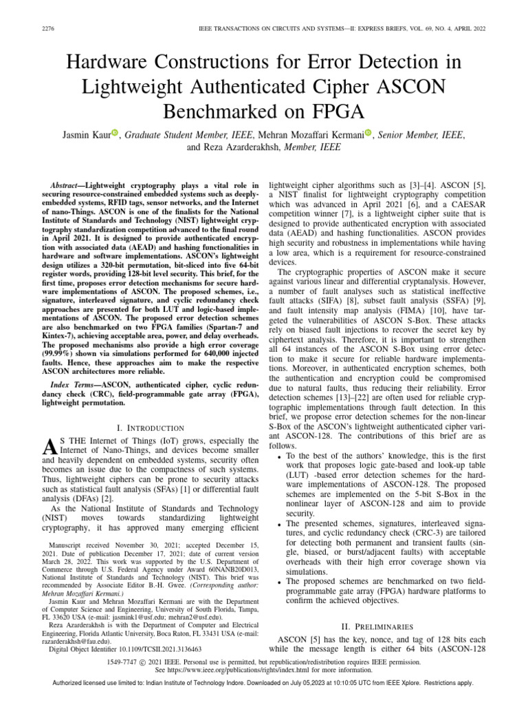 Hardware Constructions For Error Detection in Lightweight Authenticated Cipher ASCON Benchmarked ...