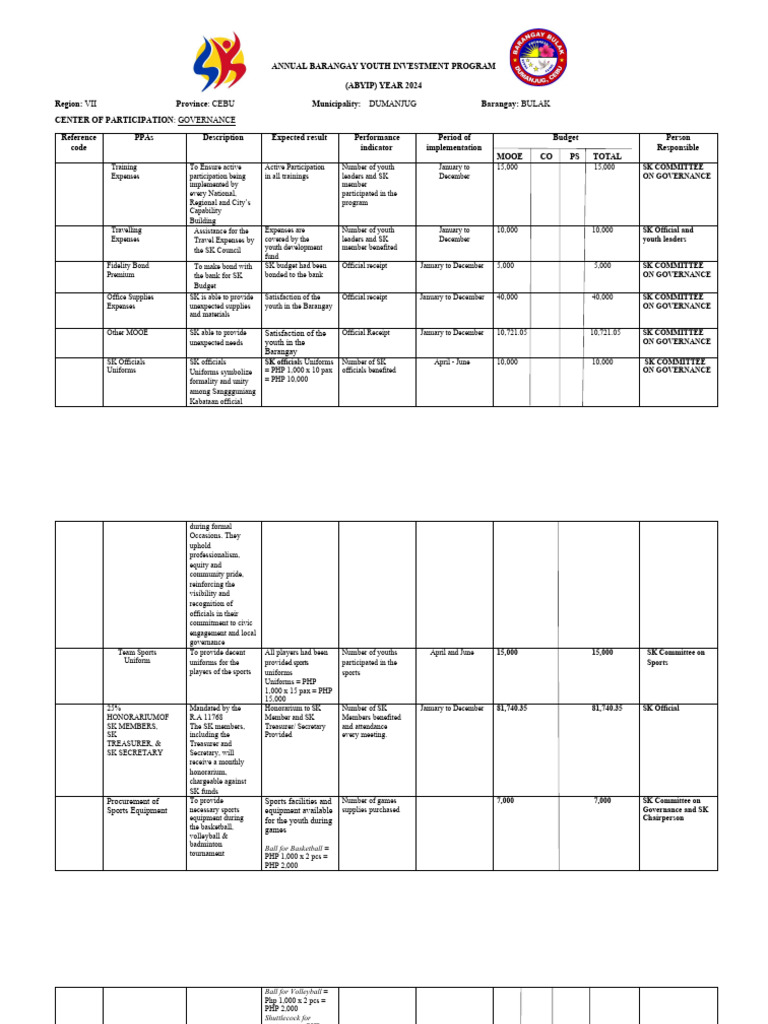 Annual Barangay Youth Investment Program 0.1 | PDF