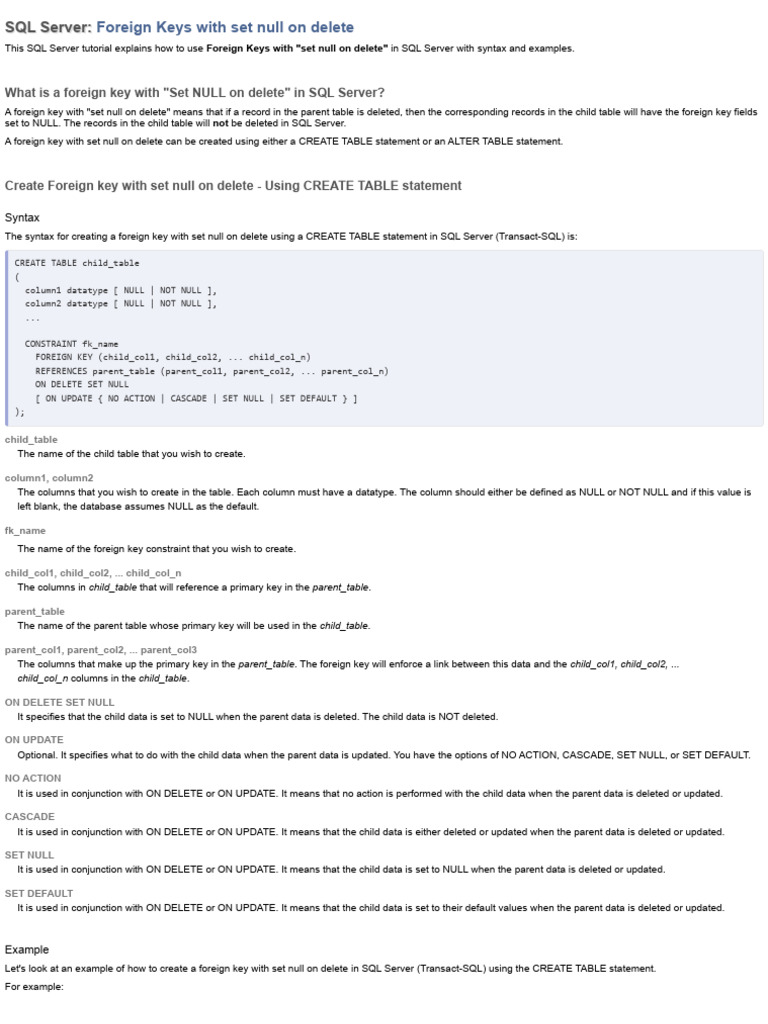 SQL Server - Foreign Keys With Set Null On Delete | PDF | Information Technology Management ...