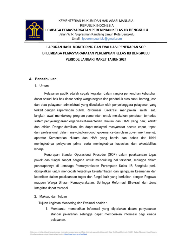 D Laporan Hasil Monitoring Dan Evaluasi Penerapan SOP Berisi Matriks ...