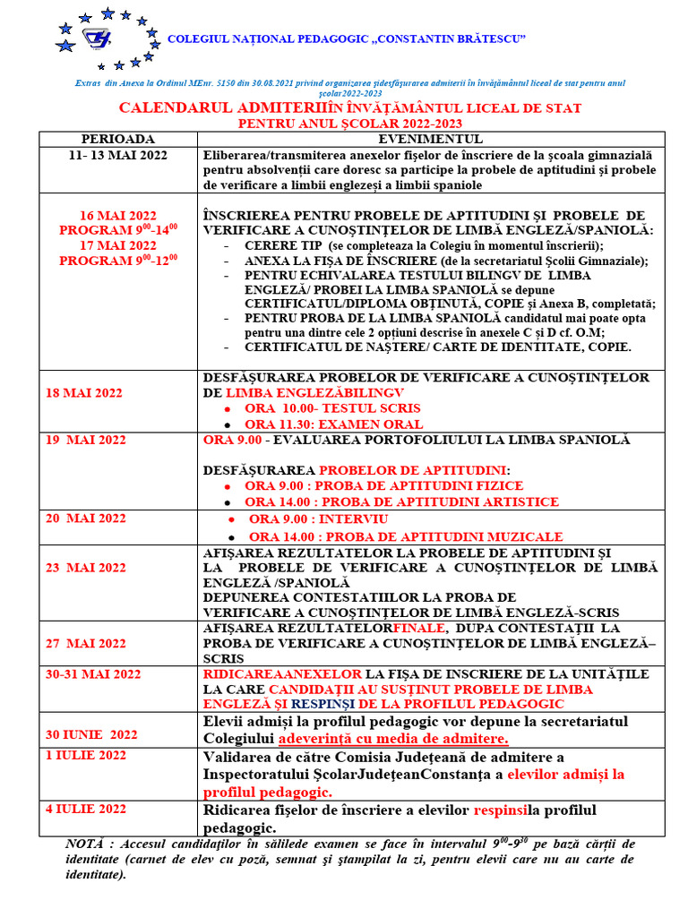 Calendar Admitere Cls A IX A 2022 | PDF