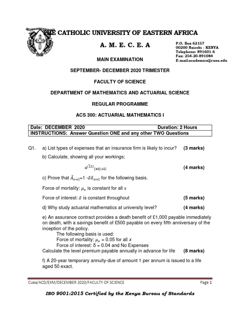 Acs 300 - Actuarial Mathematics I Exams | PDF