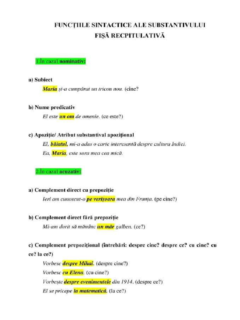 Funcțiile sintactice ale substantivului | PDF