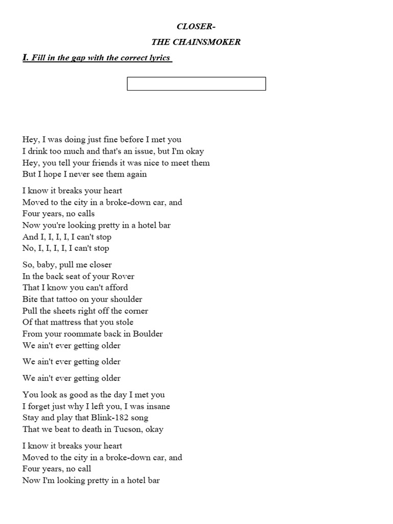 "Closer Lyrics Fill-in Challenge" | PDF