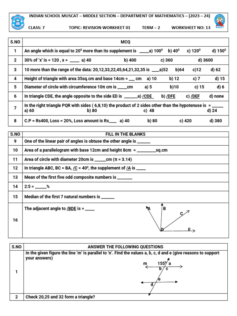 Class 7 - Revision Worksheet 01 - Final Examination - 2023 - 24 | PDF | Triangle | Area