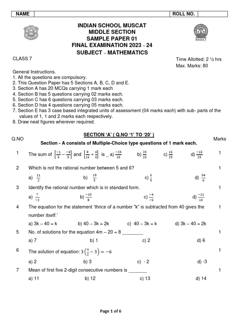 Class 7 - Sample Paper 01 - Final Examination - Mathematics - 2023 - 24 ...