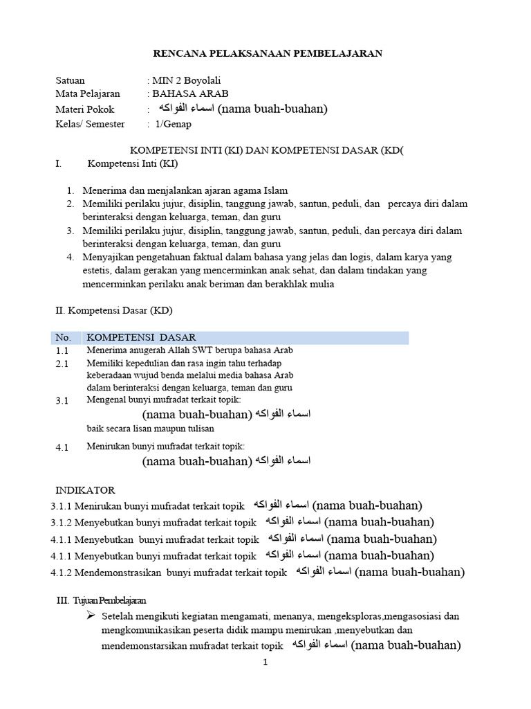 RPP Bahasa Arab Kls 1 smt 2 اسماء الفواكه (nama buah-buahan) | PDF | Karier & Perkembangan ...