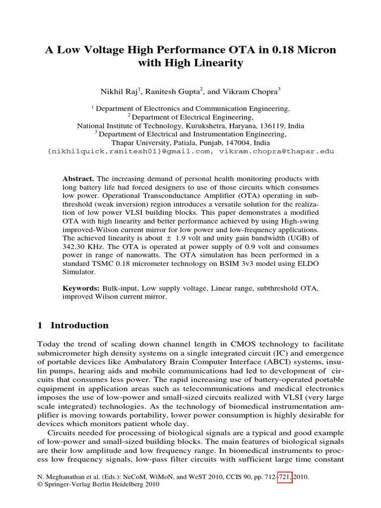 A Low Voltage High Performance OTA in 0.18 Micron With High Linearity ...