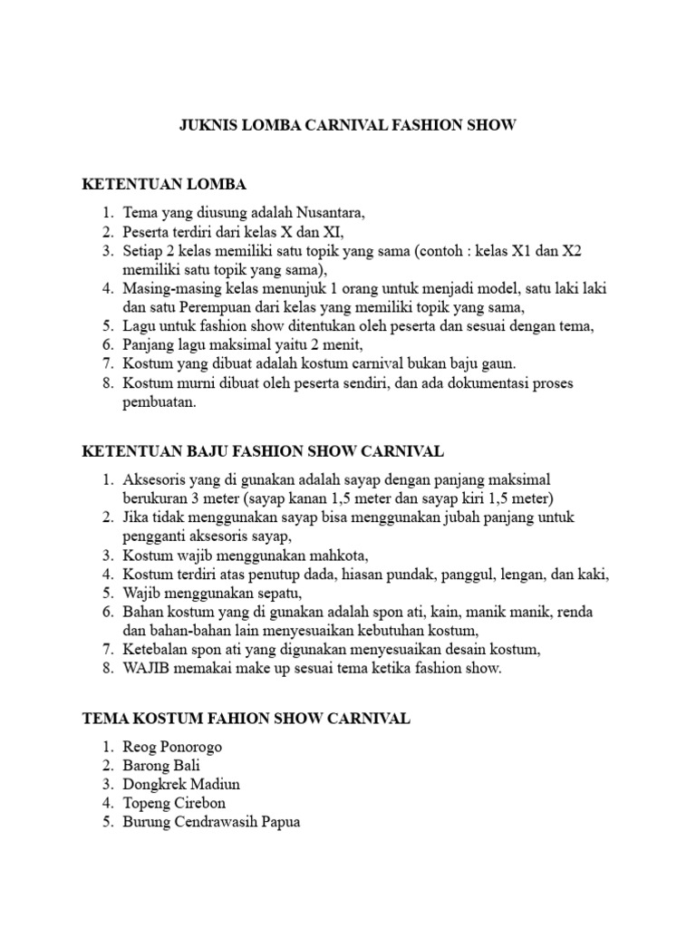 Juknis Lomba Fashion Show Carnival Hut 2024 | PDF | Seni