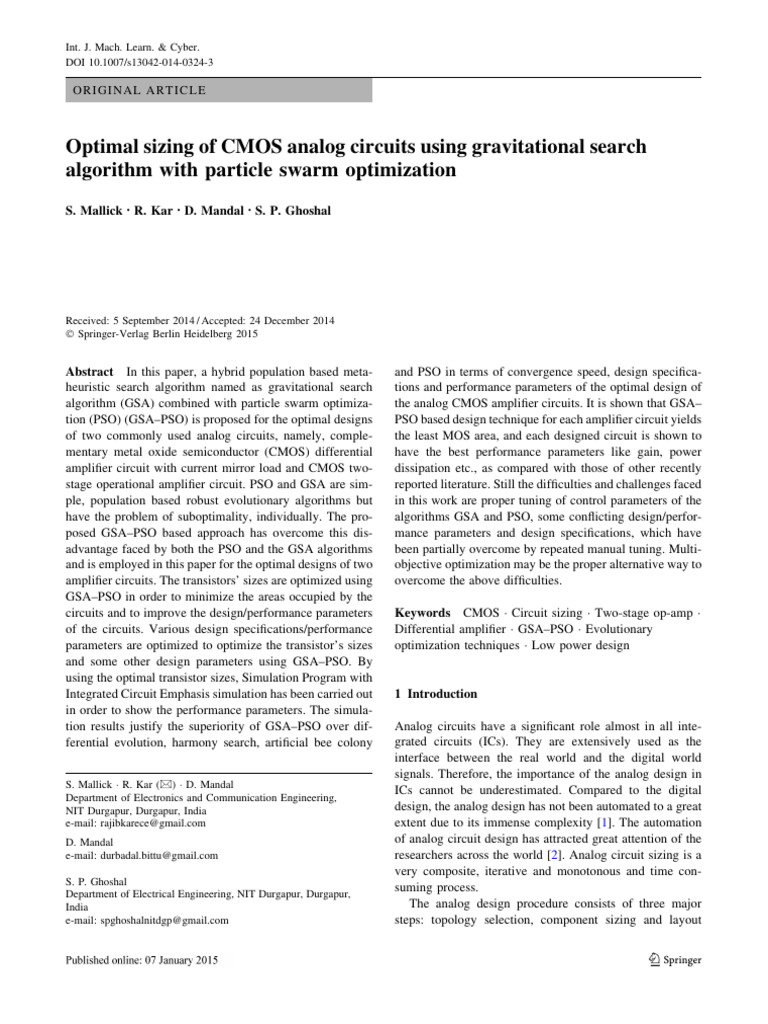 Optimal Sizing of CMOS Analog Circuits Using Gravitational Search Algorithm With Particle Swarm ...