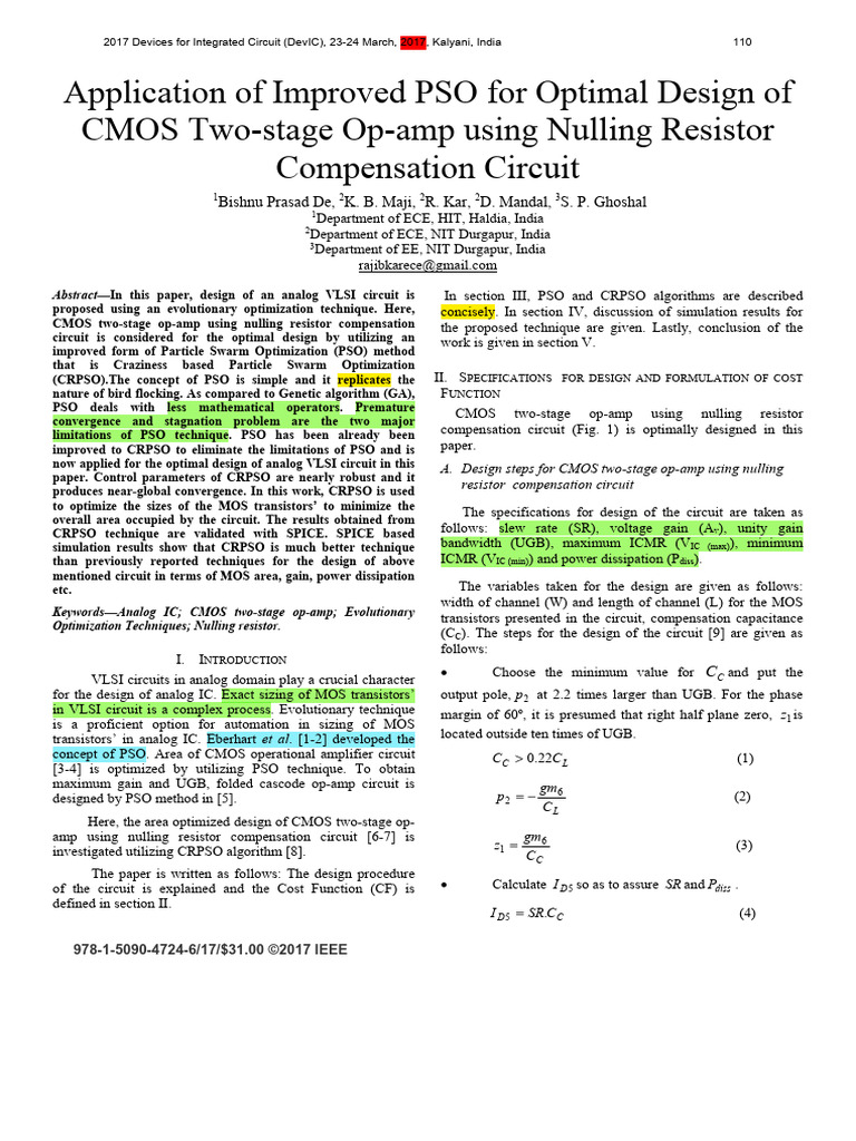 Application of Improved PSO For Optimal Design of CMOS Two-Stage Op-Amp Using Nulling Resistor ...