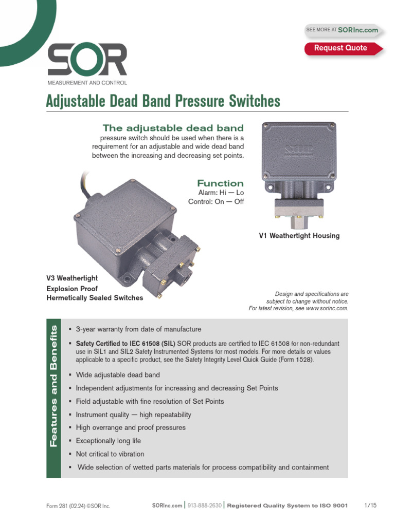Adjustable Dead Band Pressure Switches CAT281 | PDF | Switch