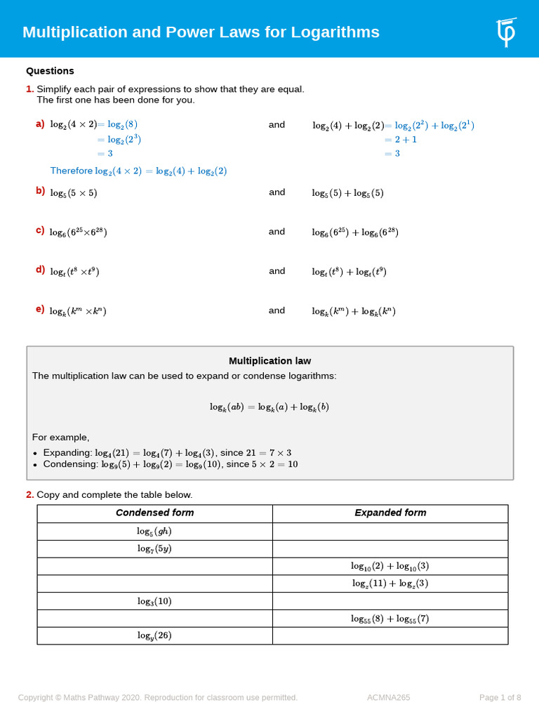 Multiplication and Power Laws For Logarithms: Log (8) Log (2) 3 Log (2 ...