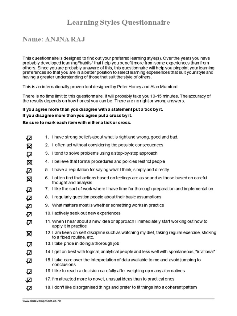 Learning Styles Questionnaire FULL - ANJNA | PDF | Thought | Rationality