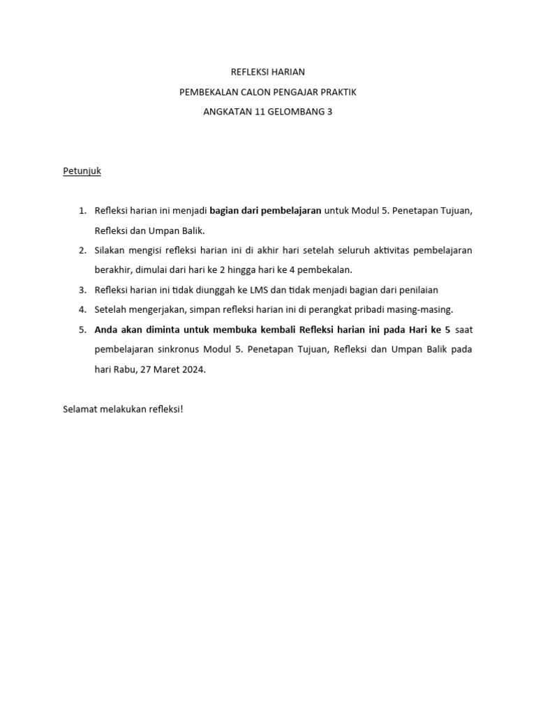 LEMBAR REFLEKSI HARIAN MANDIRI (Hari Ke 2 SD Hari Ke 4) CPP - A11 - G3 | PDF