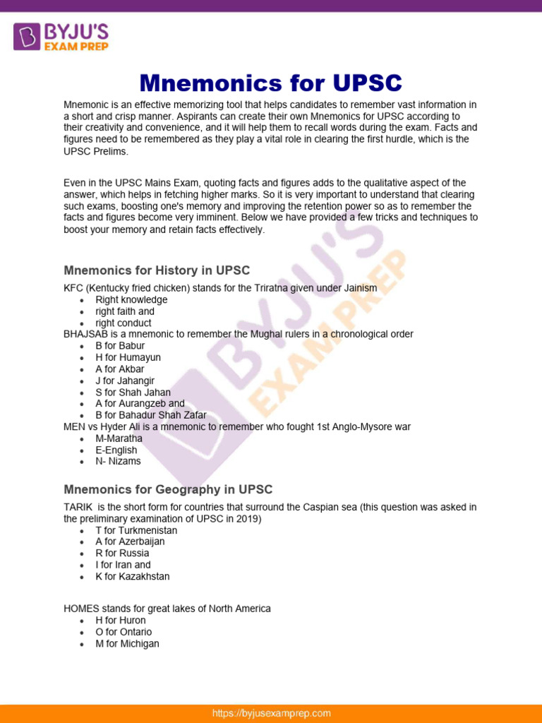 Mnemonics For Upsc 45 | PDF