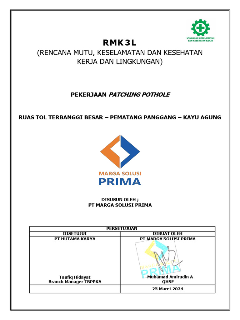 RMK3L Patching Pothole PT Marga Solusi Prima | PDF