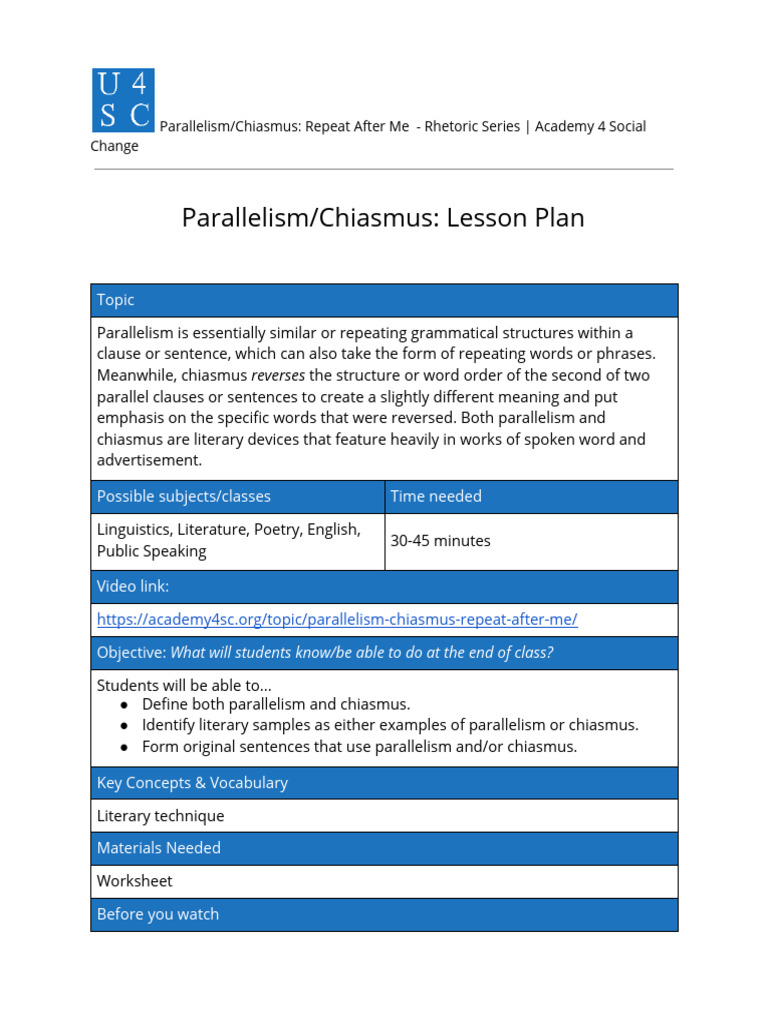 Parallelism/Chiasmus: Lesson Plan: Topic | PDF | Social Science | Philosophy