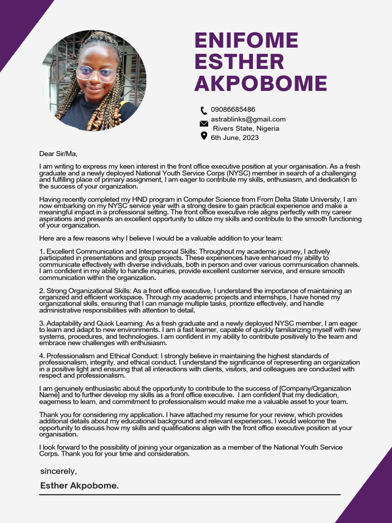 Front Office Executive Application Letter | PDF | Communication | Learning