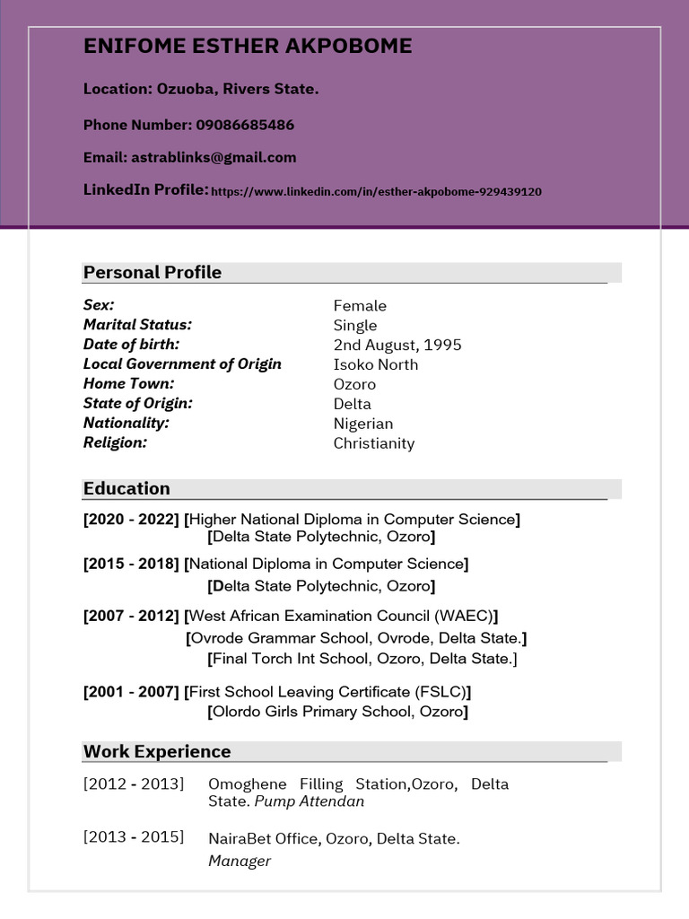 Enifome Esther Akpobome CV | PDF