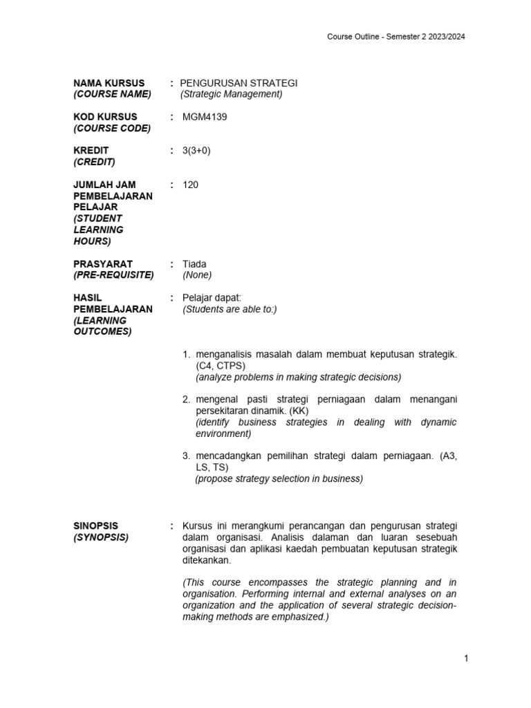 Course Outline - Semester 2, 2023-2024 (WONG) | PDF | Swot Analysis | Strategic Management