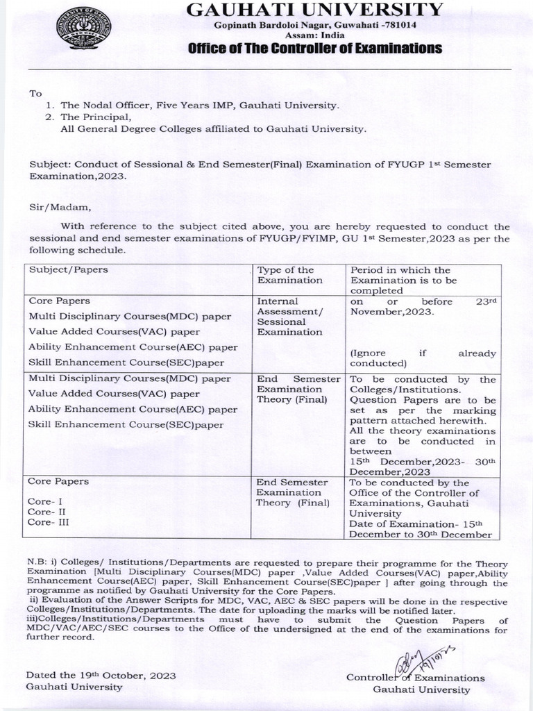 Notification For FYUGP Exam & Exam Programme 1st Sem | PDF | Science