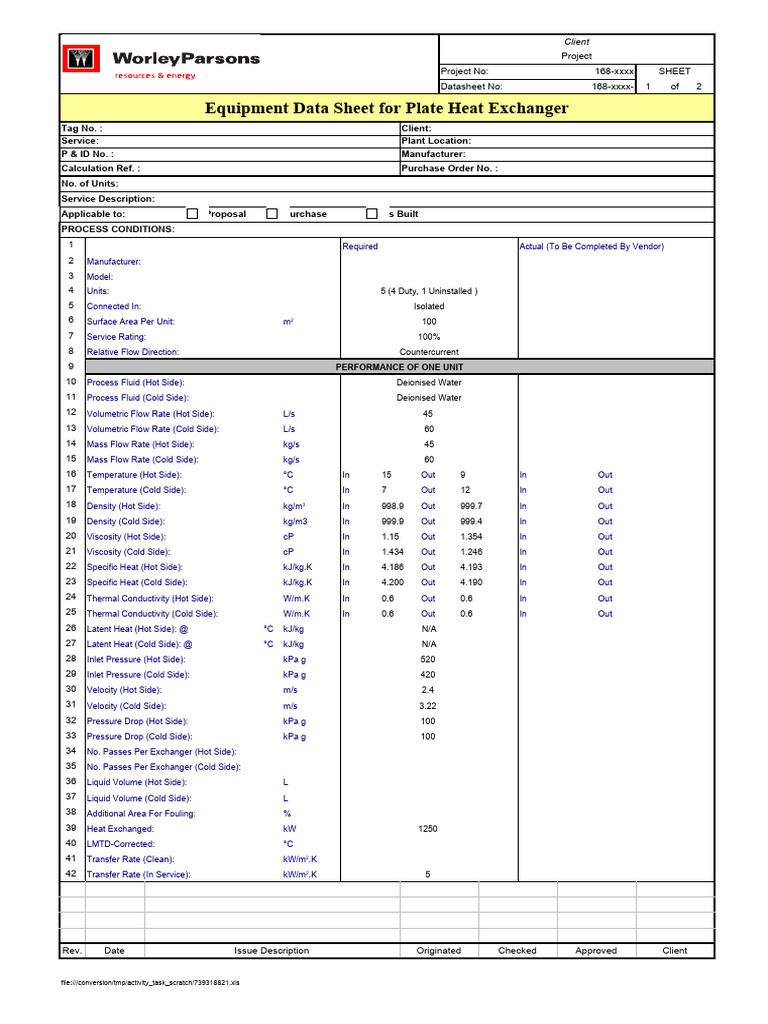 Plate Heat Exchanger Data Sheet | PDF | Heat Exchanger | Heat
