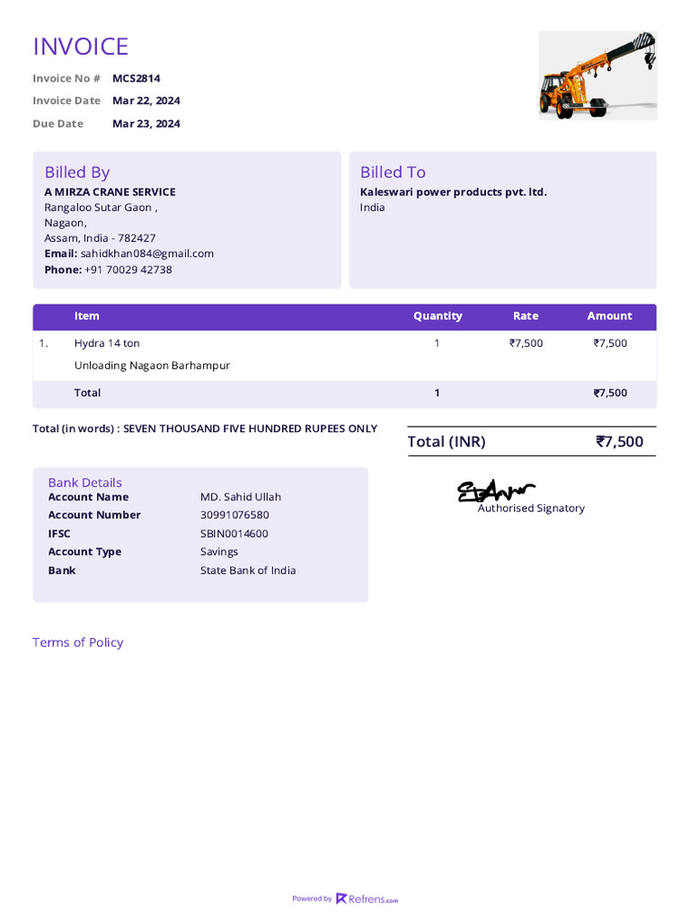 Invoice mcs2814 A Mirza Crane Service Kaleswari Power Products PVT LTD ...