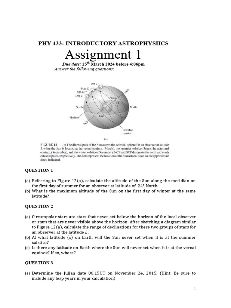 Phy 433 Assignment 1 2024 | PDF | Stars | Latitude