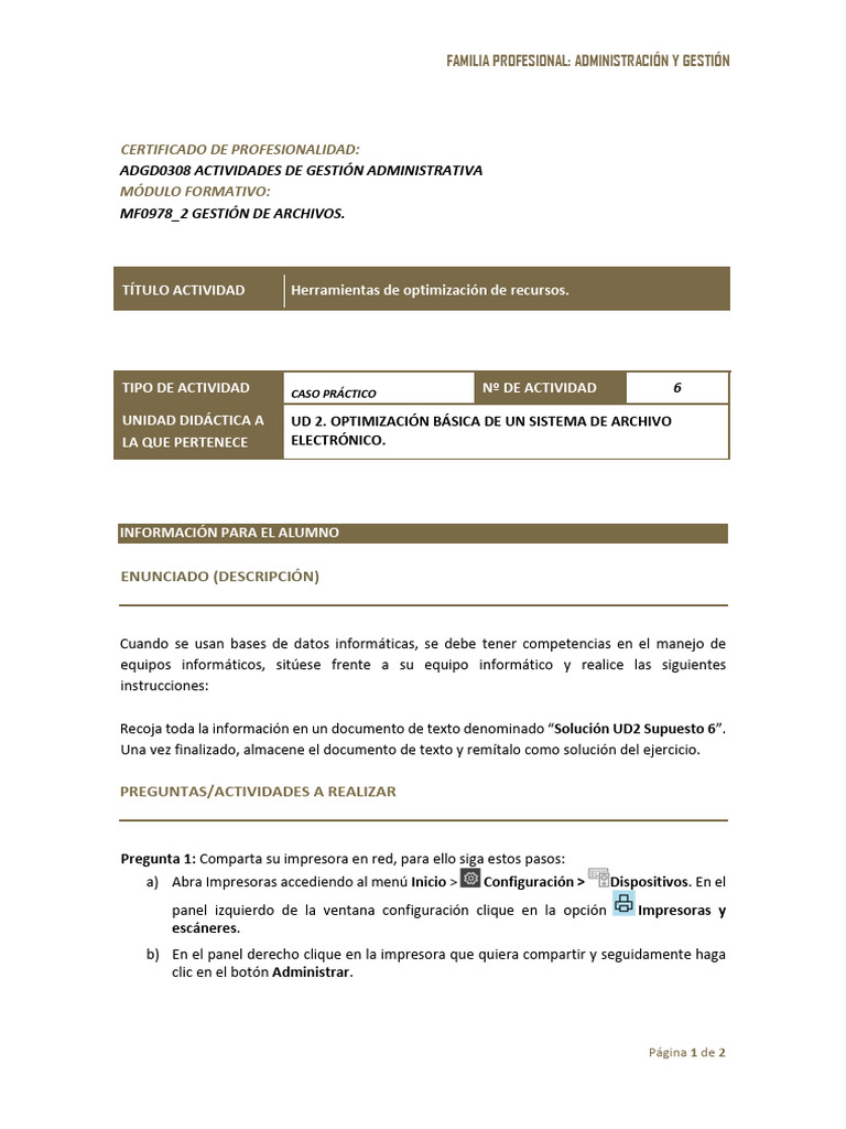 MF0978 - 2 - UD2 - ACTIVIDAD6 - CASO PRÁCTICO Alumno | PDF | Ventana (informática) | Impresora ...