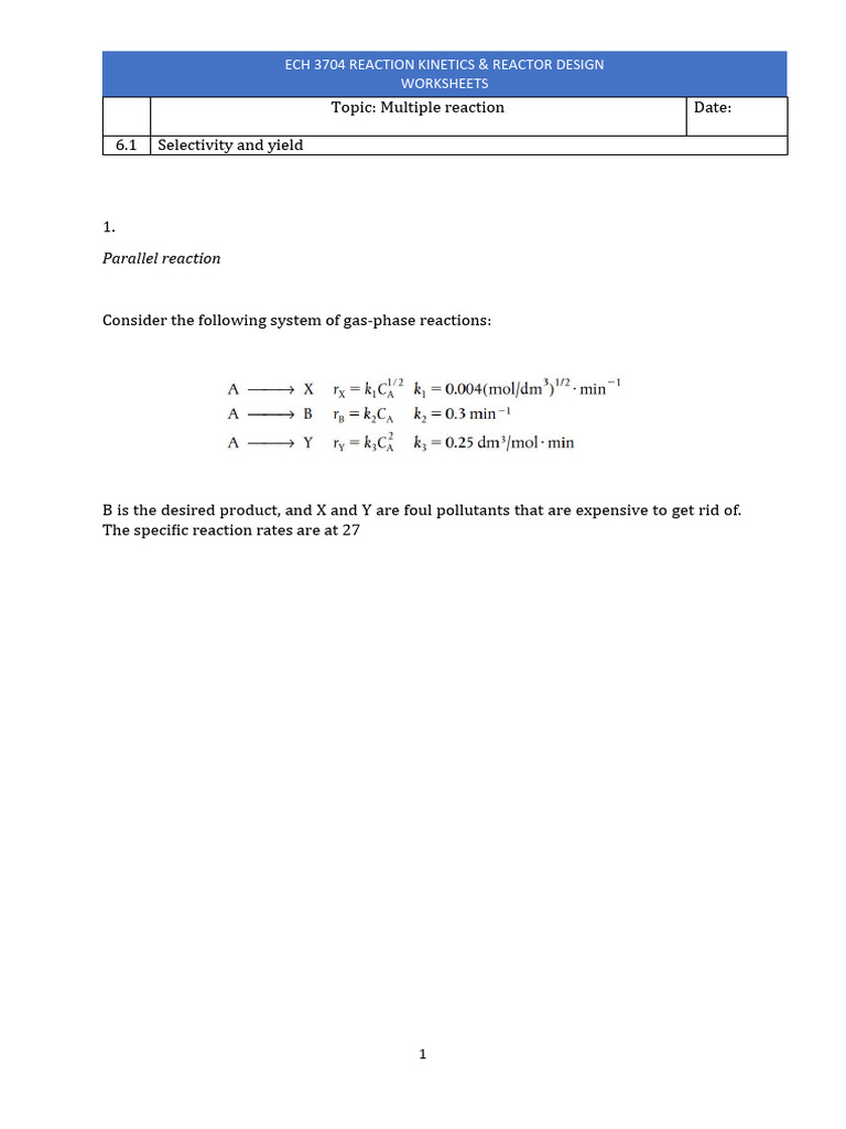 ECH3707 Worksheets multiple reaction | PDF | Chemical Reactor | Unit Processes