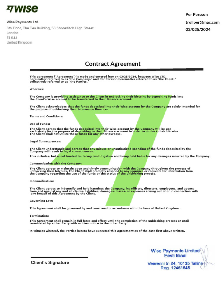 Wise Contract Agreement | PDF | Indemnity | Civil Law (Legal System)