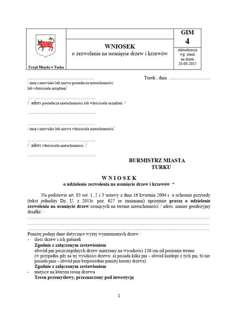 Wniosek o Zezwolenie Na Usuniecie Drzew I Krzewów | PDF