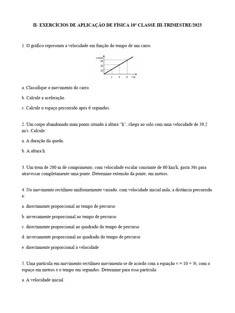 Exercícios 2 de aplicação 10 classe | PDF | Velocidade | Tempo