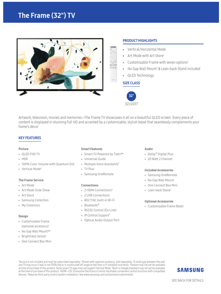 The Frame 32 Inch Spec Sheet 082520-v3 | PDF | Hdmi | Television