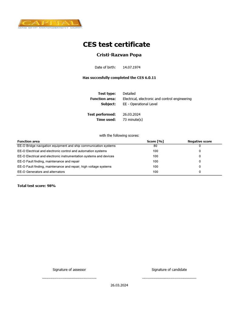 CESTestCertificate Electrical Electronic Capital | PDF