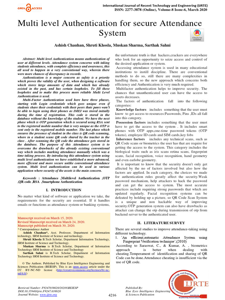 Multi Level Authentication For Secure Attendance System: Ashish Chauhan, Shruti Khosla, Muskan ...