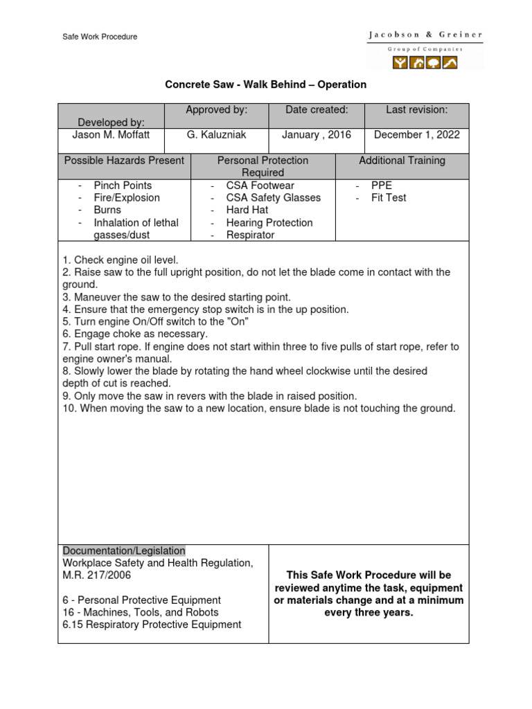 Safe Work Procedure for Concrete Saws | PDF