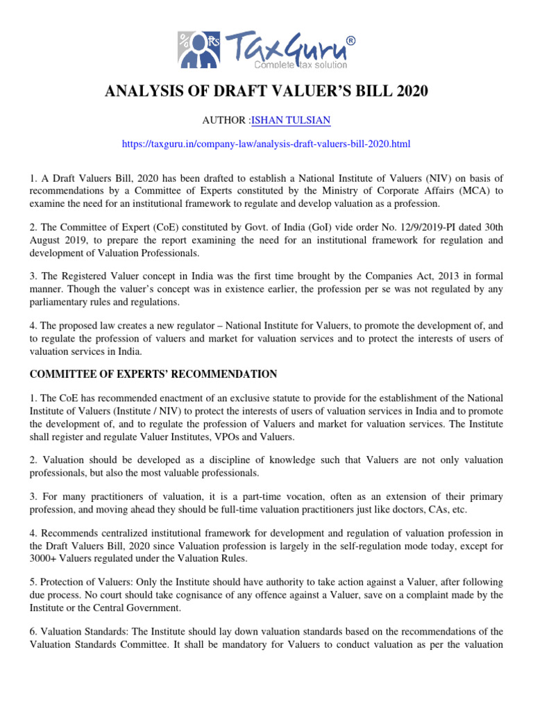 Analysis of Draft Valuers Bill 2020 | PDF | Real Estate Appraisal ...